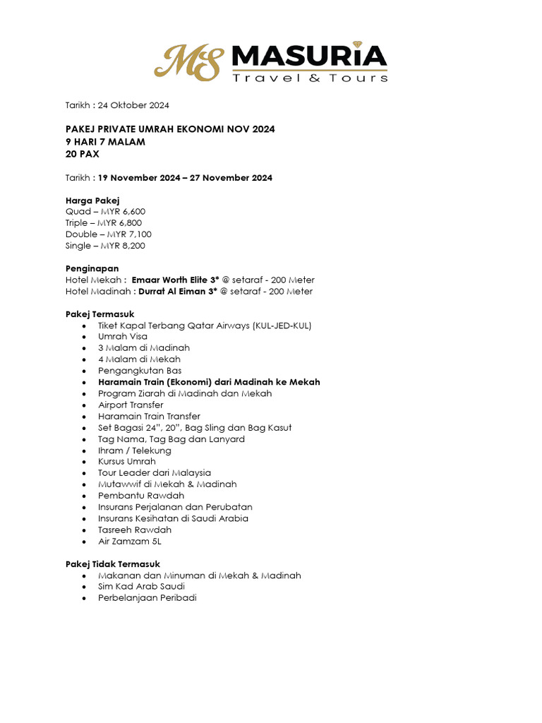 Quotation Umrah Private Ekonomi Nov - 20 Pax (ALL) | PDF