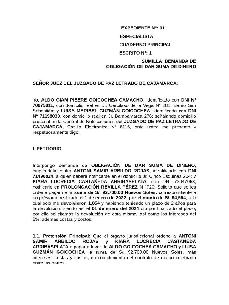 Demanda de Suma de Dar Dinero, Corregida | PDF | Finanzas y dinero | Derecho