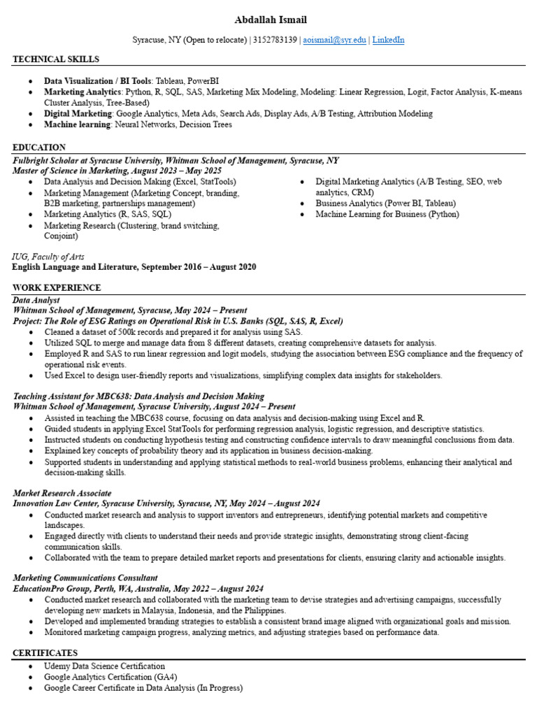 Abdallah Ismail - CV Fall 24 | PDF | Analytics | Statistics