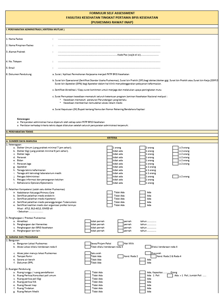 PKM Rawat Inap - Formulir - Self - Assessment - Pengajuan - Perpanjangan - FKTP - Tahun - 2022 | PDF