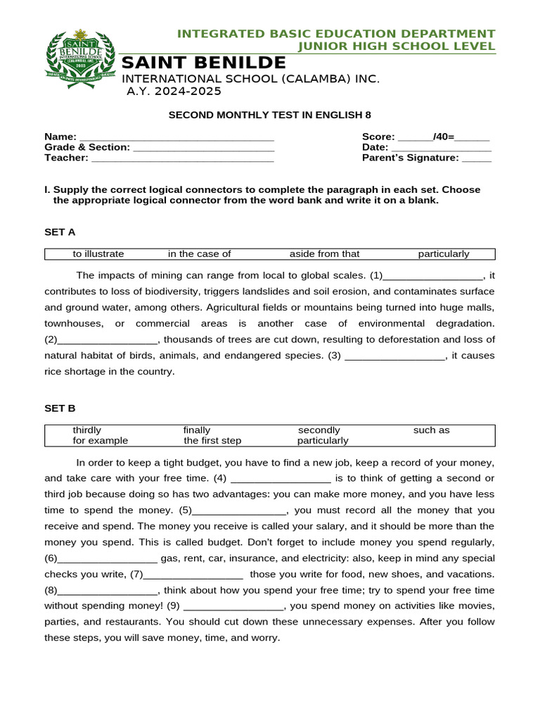 Second Monthly Test (Eng 8) | PDF | Deforestation | Natural Environment
