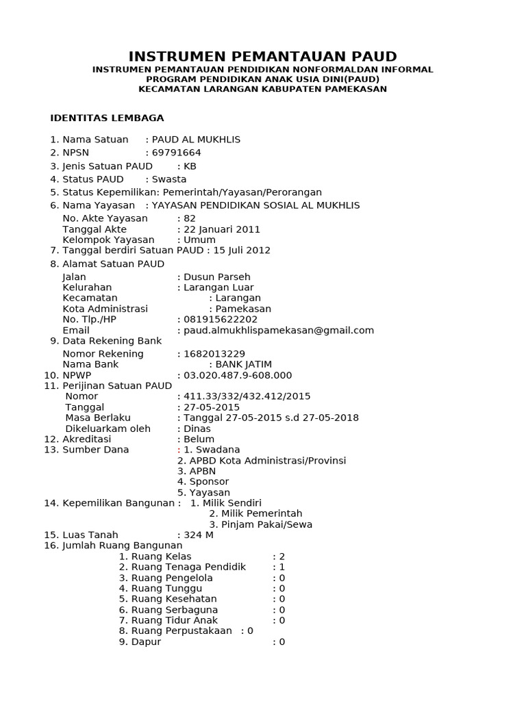 Instrumen Pemantauan Paud | PDF | Karier & Perkembangan