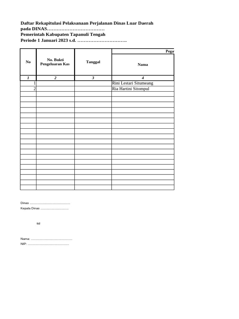 Format Rekap Perjalanan Dinas Tahun 2024 | PDF