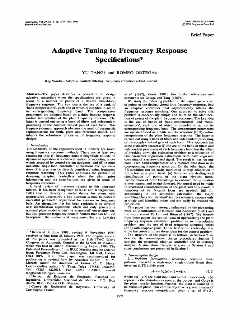 Adaptive Tuning To Frequency Response Specifications | PDF | Control ...