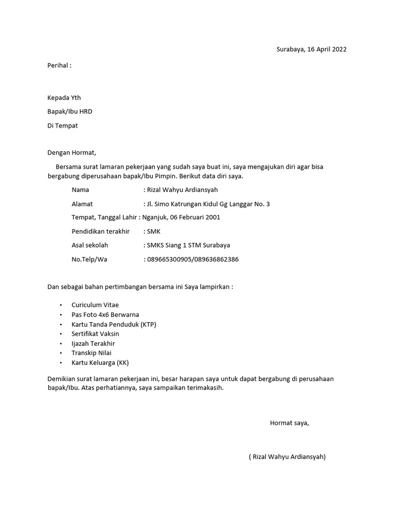 Lamaran Pekerjaan Rizal Wahyu Ardiansyah | PDF | Kesehatan Holistik