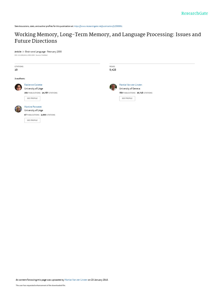 Working Memory Long-Term Memory and Language Proce | PDF | Working Memory | Brain