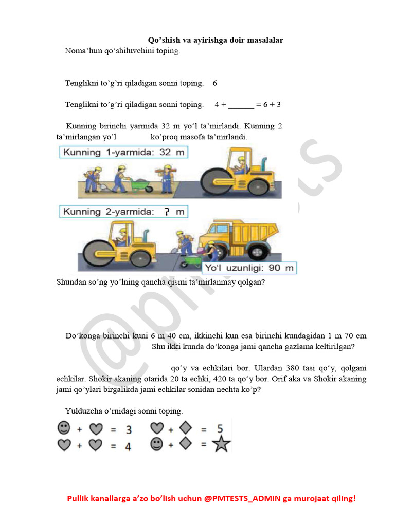 5 Qo'Shish Va Ayirishga Doir Misollar | PDF