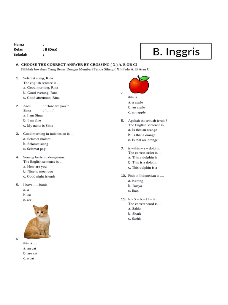 Soal UAS Bahasa Inggris Kelas 2 SD Semester 1 Ganjil Dan Kunci Jawaban WWW Bimbelbrilian Com | PDF