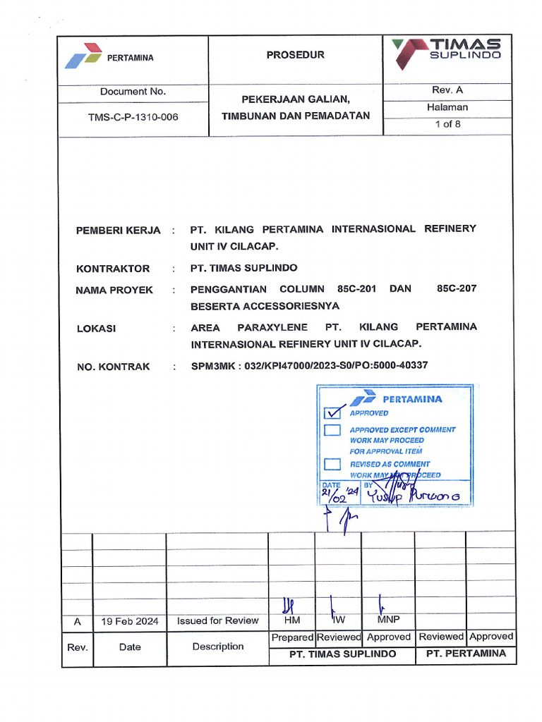 TMS-C-P-1310-006 Proc - Pekerjaan Galian, Timbunan&pemadatan - Rev.a - Apv - 22 Feb 24 | PDF