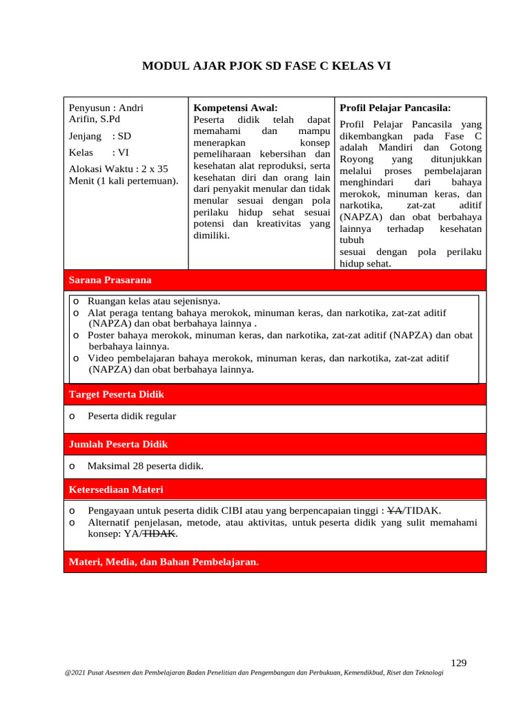 Modul Ajar Pjok SD Fase C Kelas Vi PPG Fix | PDF