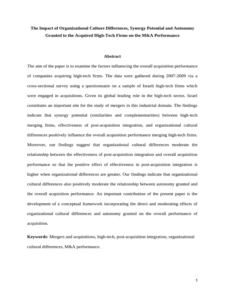 Organizational Culture Differences and Post-Merger Integration in Hightech M&A - Final (23.08. ...