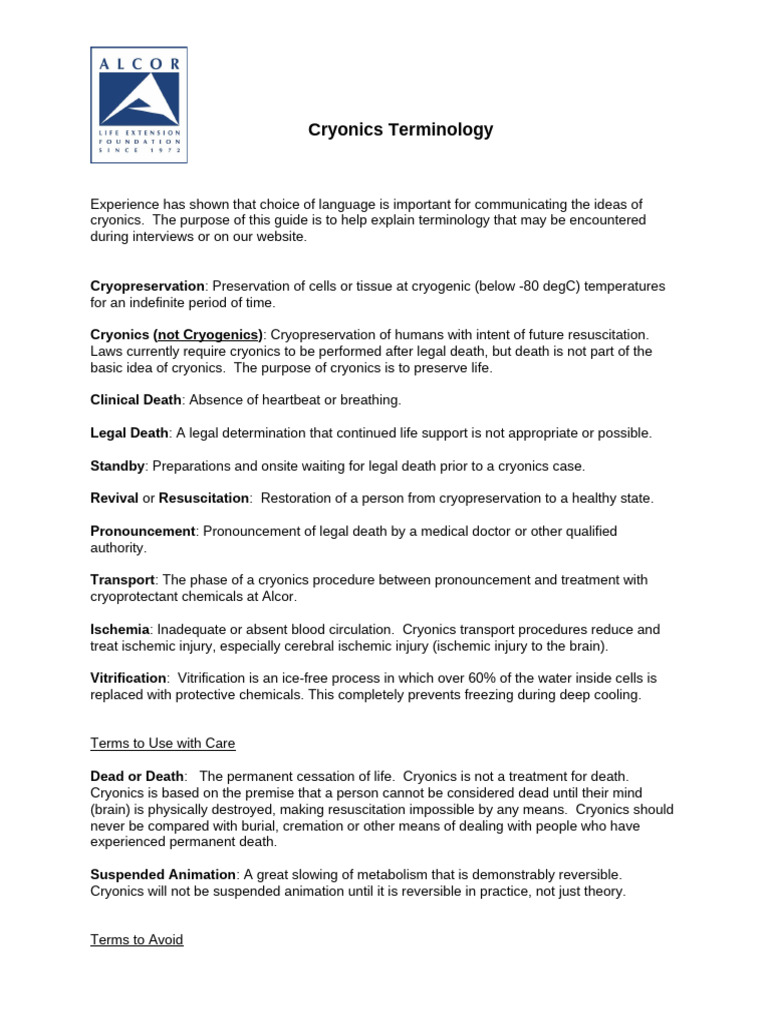 Cryonics Terminology Guide | PDF