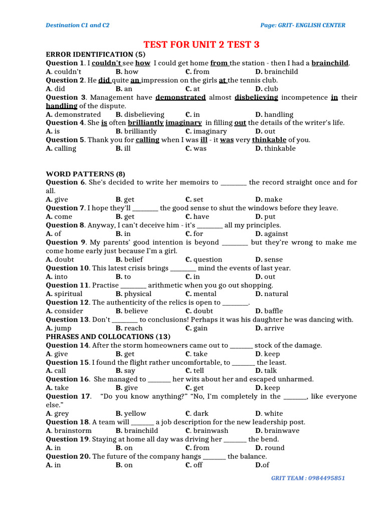 TEST FOR UNIT 2 TEST 3 | PDF