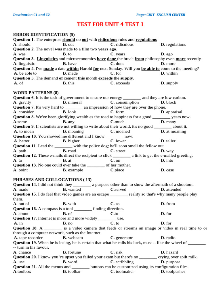 TEST C2 UNIT 4 Đề Số 1 | PDF