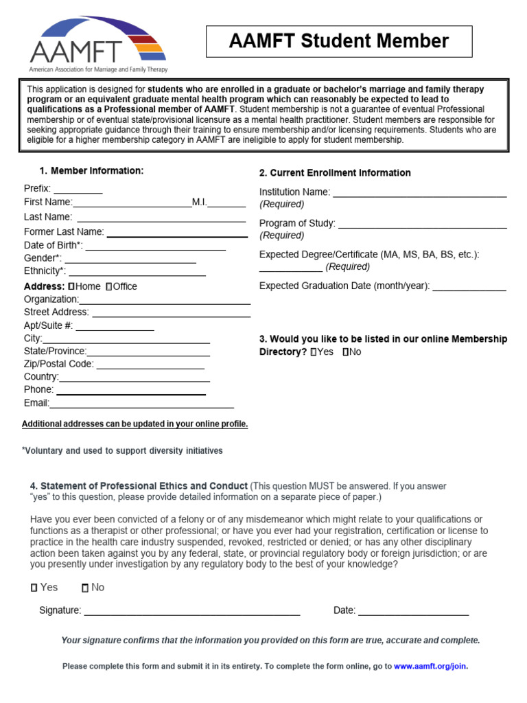 AAMFT Student Member Application Fillable Form | PDF | Fee