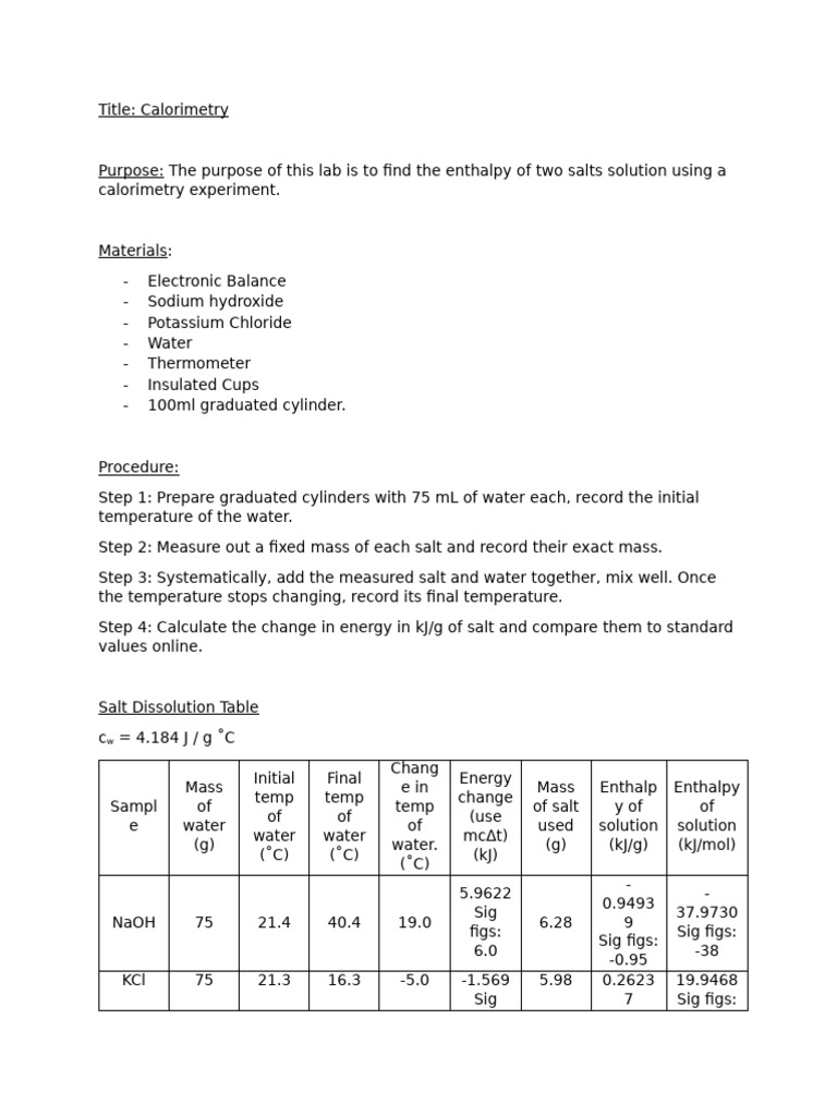 Enthalpy of Salt Solutions Lab | PDF | Enthalpy | Potassium Chloride