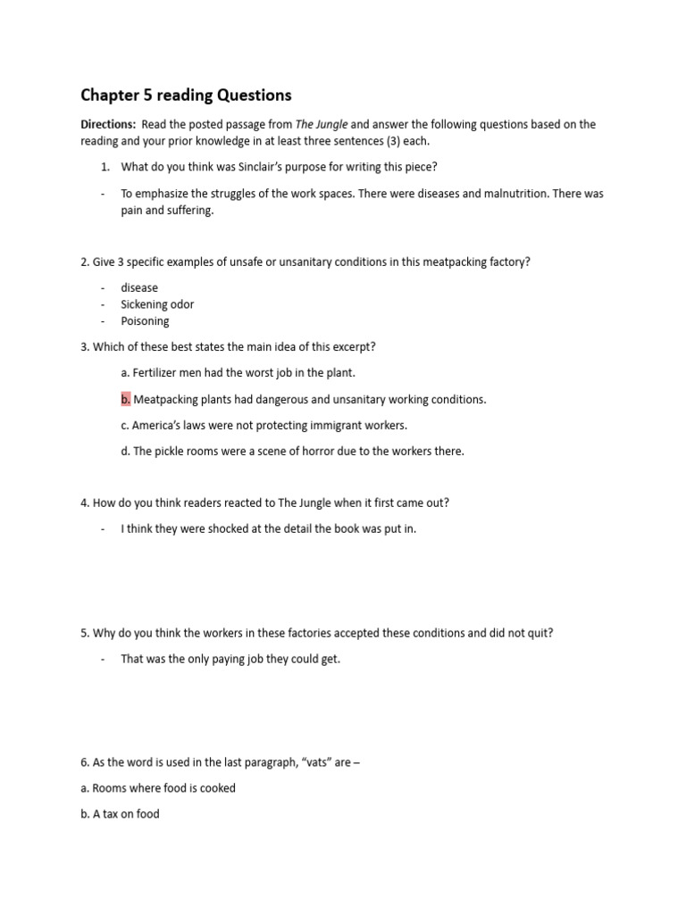 Chapter 5 Reading Questions Jungle | PDF | The Jungle | Labor