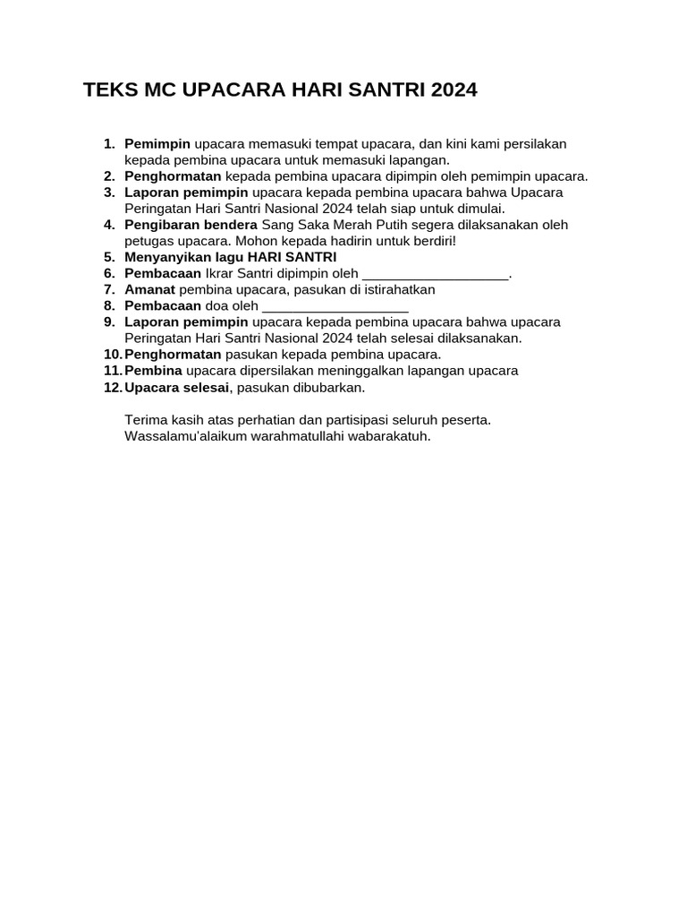 Teks MC Upacara Hari Santri 2024 | PDF