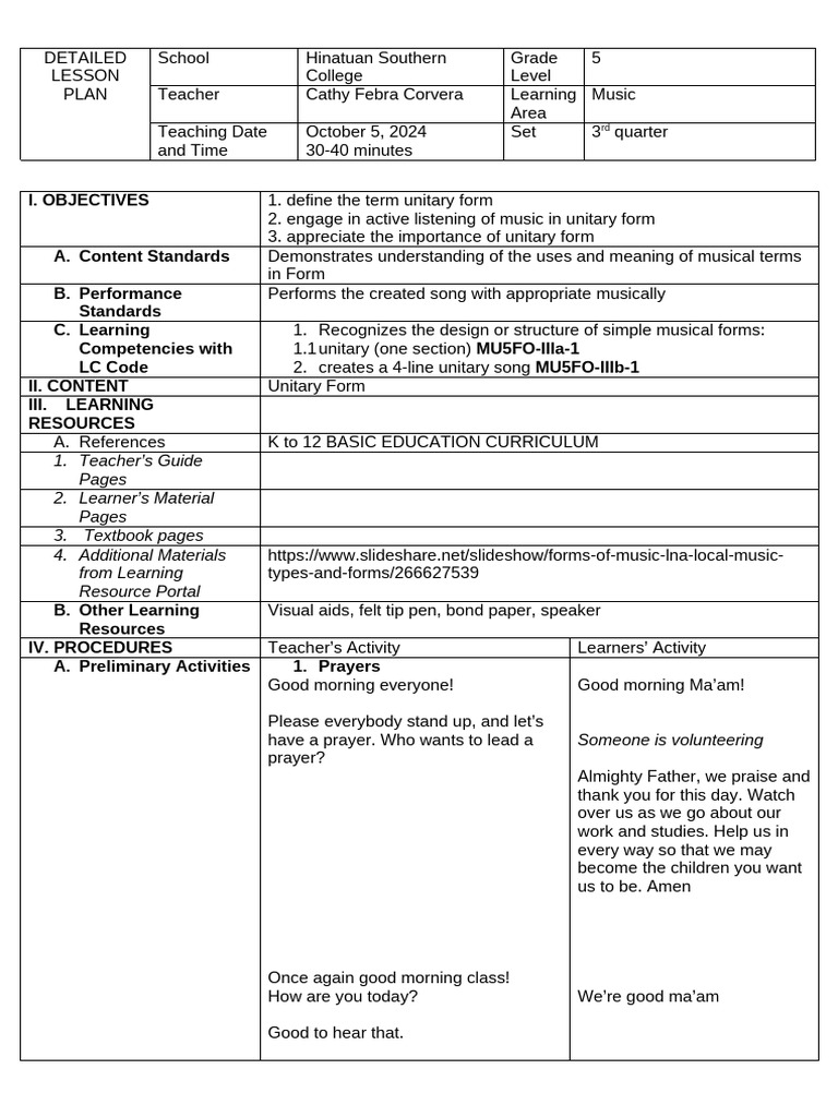 Lesson Plan in Music | PDF | Learning | Teachers