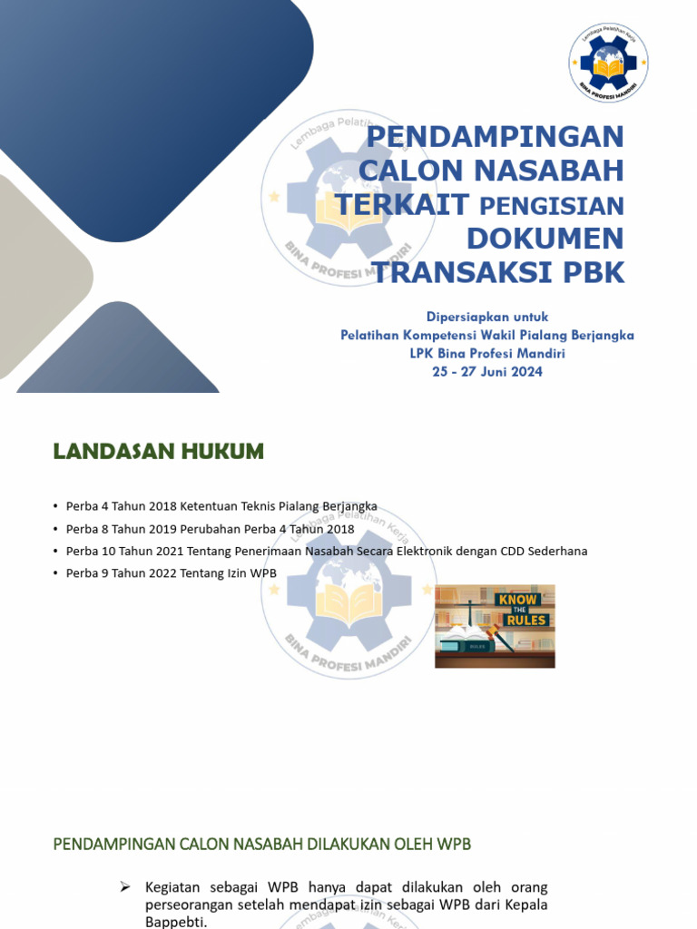 Materi Pendampingan Calon Nasabah Terkait Pengisian Dokumen Transaksi PBK | PDF