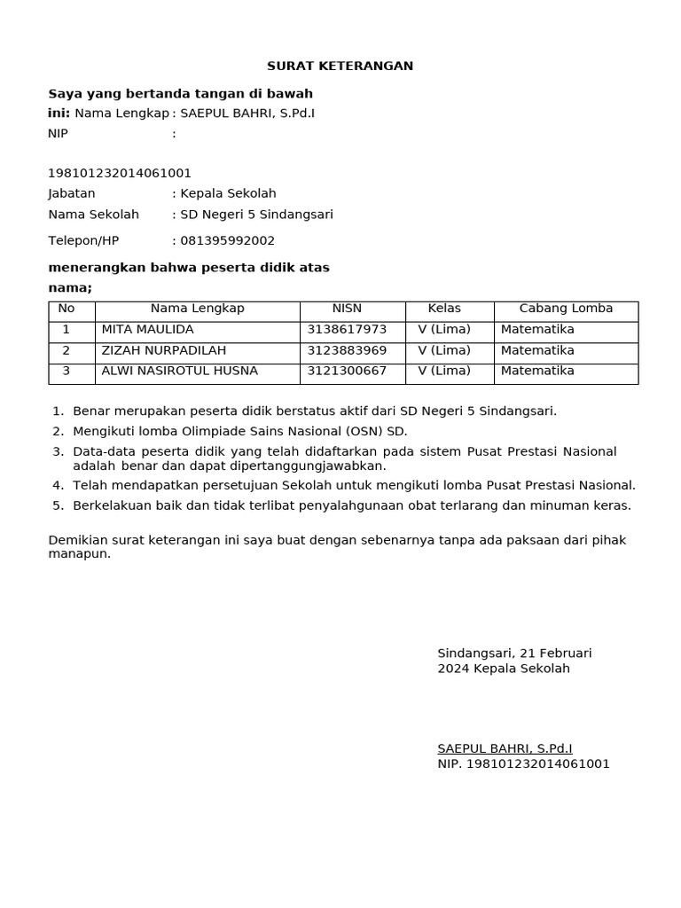 Surat Keterangan (Osn Matematika) | PDF