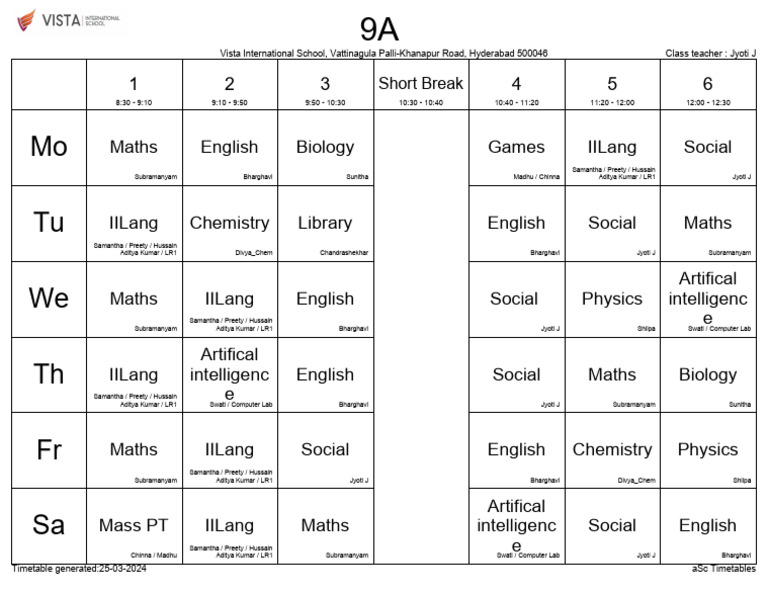9A Class Timetable | PDF