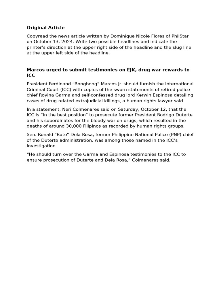 Copyread The News Article Written by Dominique Nicole Flores of ...