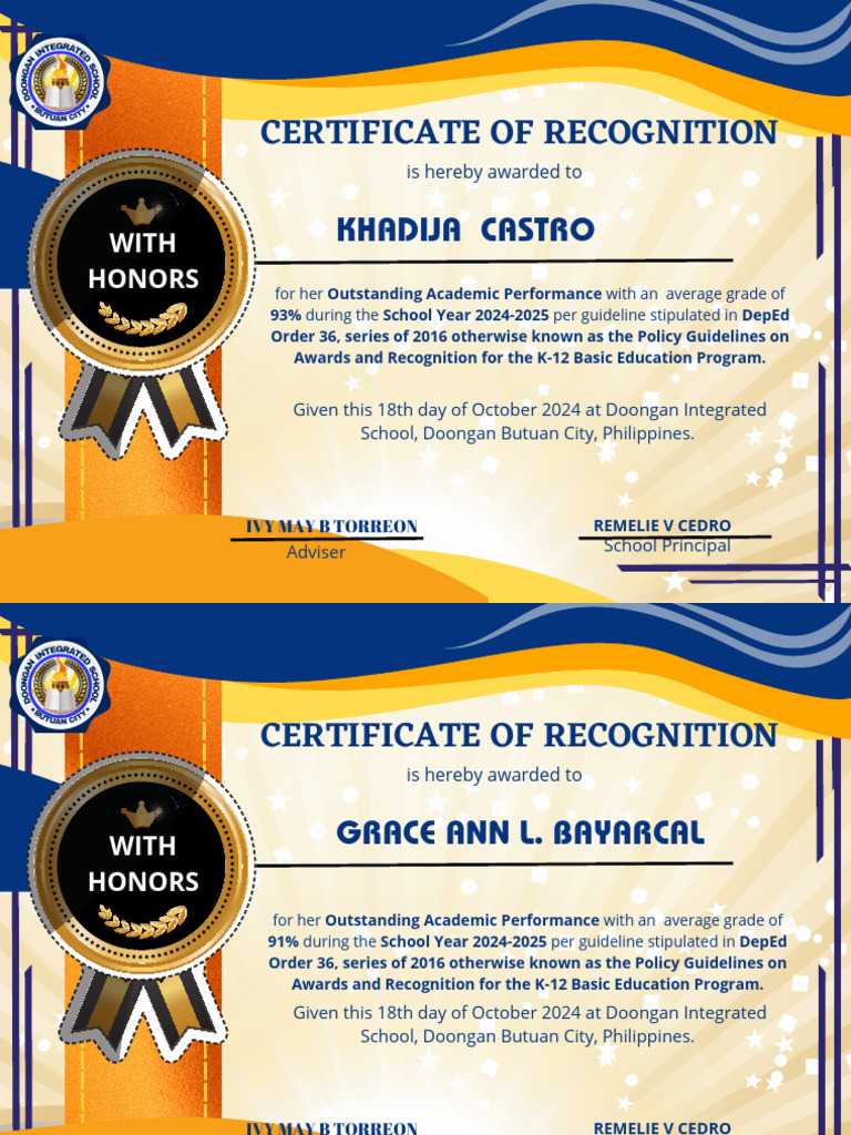 Blue and Orange Certificate of Recognition | PDF | Philippines | Government