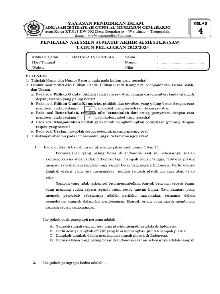 Bhs. Indonesia Kelas 4 Rangkap 3 | PDF