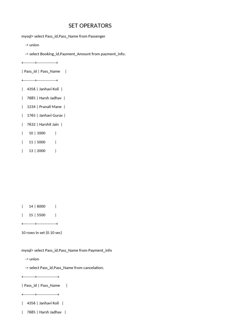 SET OPERATORS - Docx Landscape | PDF