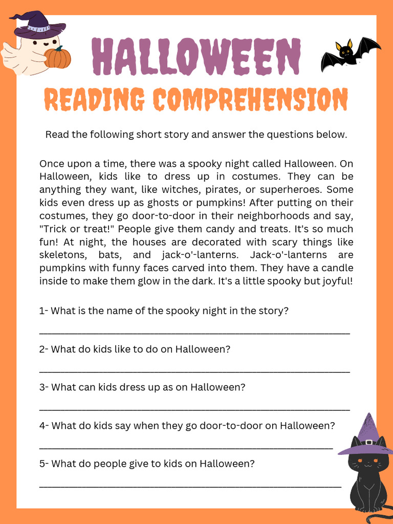 Halloween Reading Comprehension Worksheet in Purple Orange Spooky Style ...