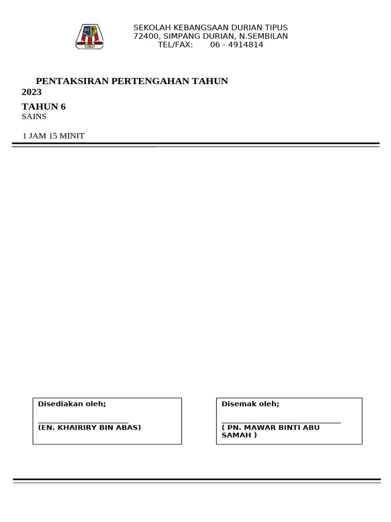 Muka Depan Exam SAINS | PDF