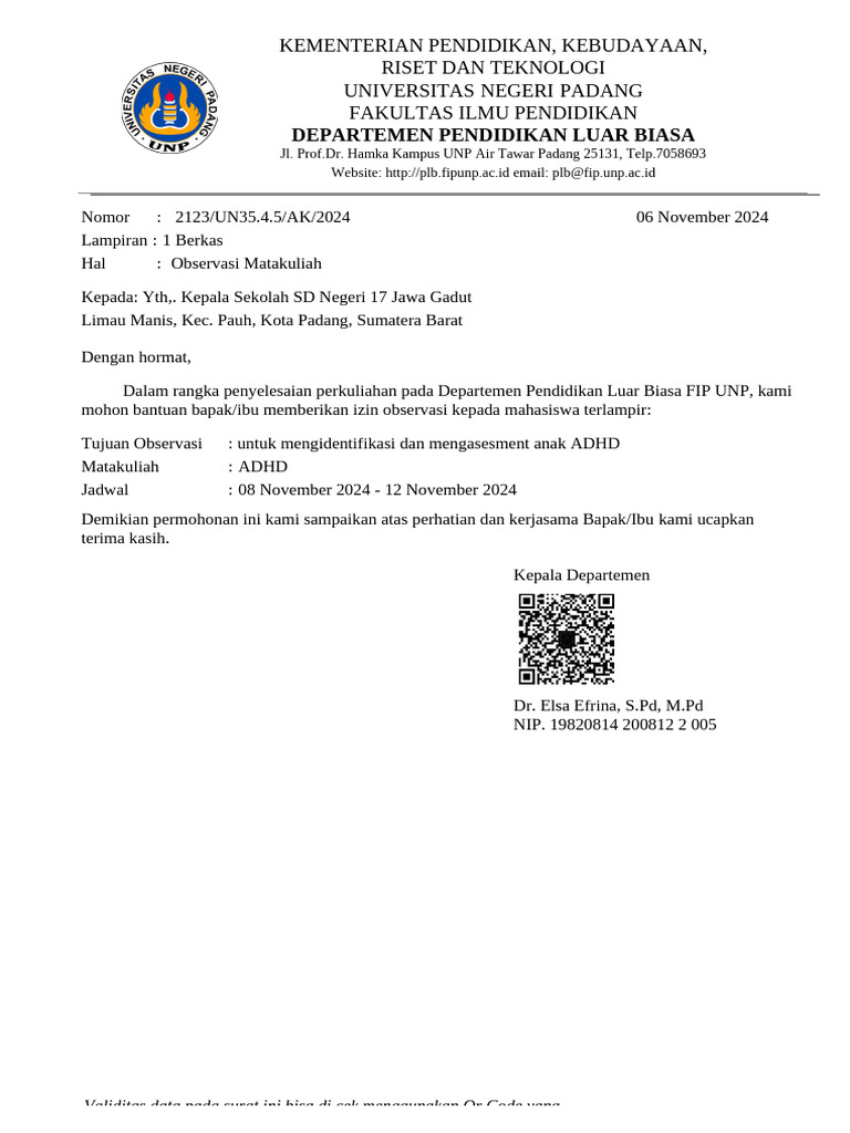 Surat Izin Observasi MatakuliahDewi Afifa-1 | PDF