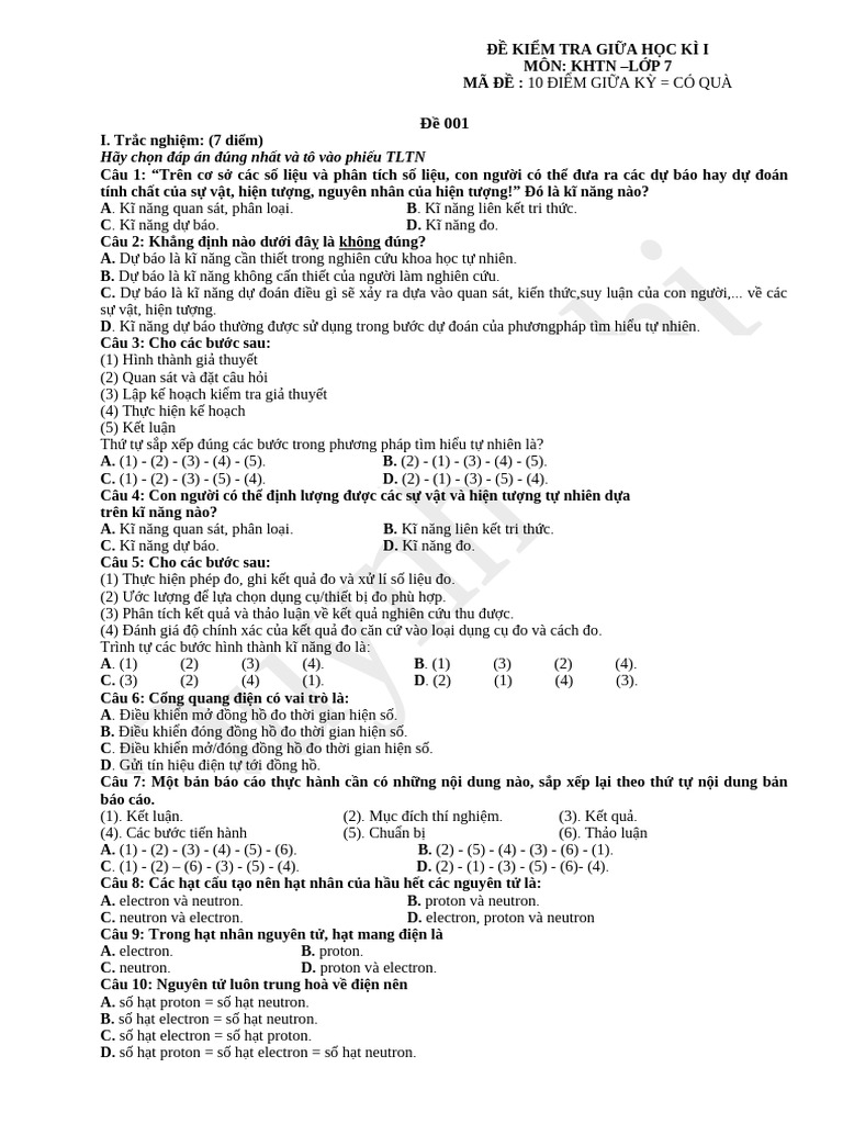 ĐỀ THAM KHẢO GK KHTN 7 | PDF