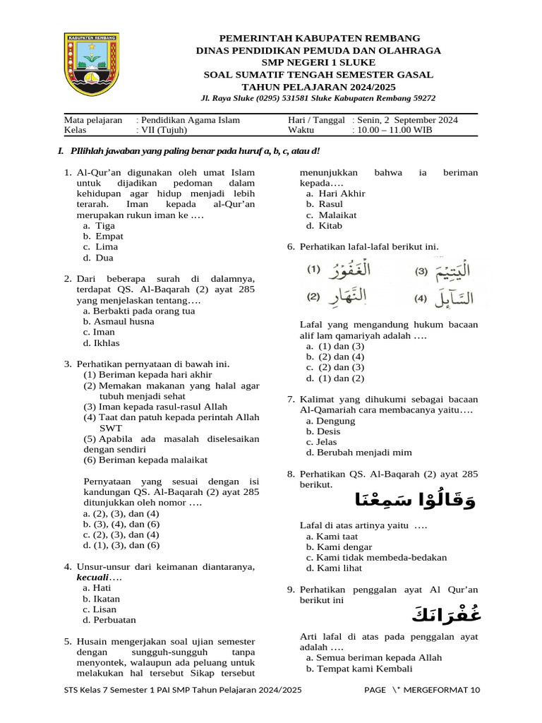 Soal STS Pabp Kelas 7 Sem 1 2024-2025 | PDF