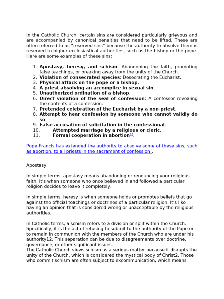 Reserved Sins in Catholicism | PDF