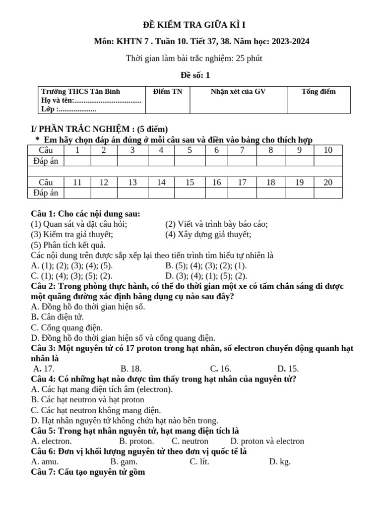 ĐỀ THAM KHẢO GK 1 KHTN 7 | PDF