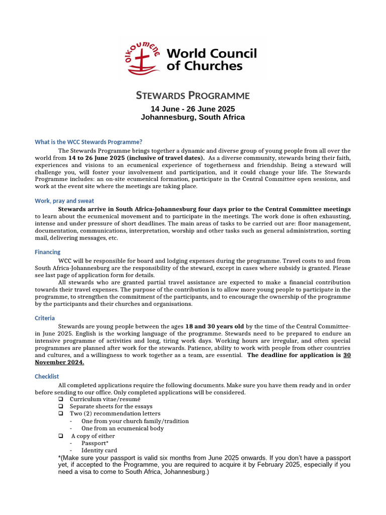 WCC Steward Application Form - 2025 | PDF | Passport | Ecumenism
