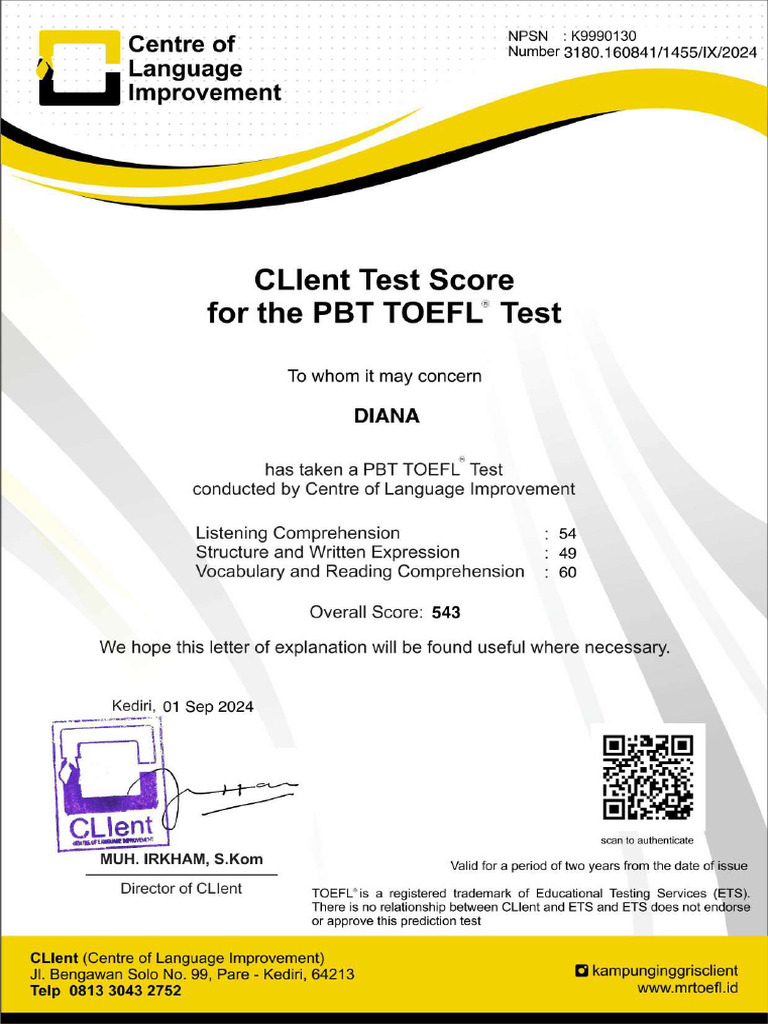 Sertifikat TOEFL | PDF