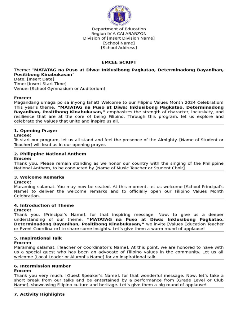 Emcee Script - Filipino Values Month 2024 | PDF | Career & Growth