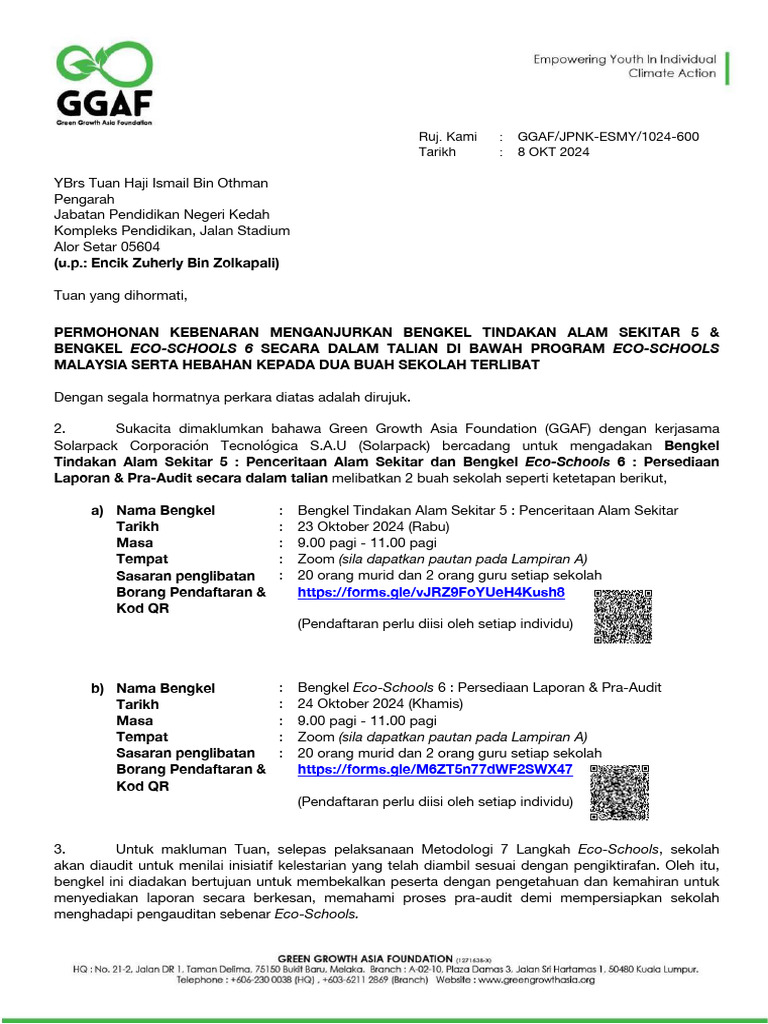 Eco-Schools 6 Eco-Schools: Ruj. Kami: GGAF/JPNK-ESMY/1024-600 Tarikh: 8 OKT 2024 | PDF | Bisnis