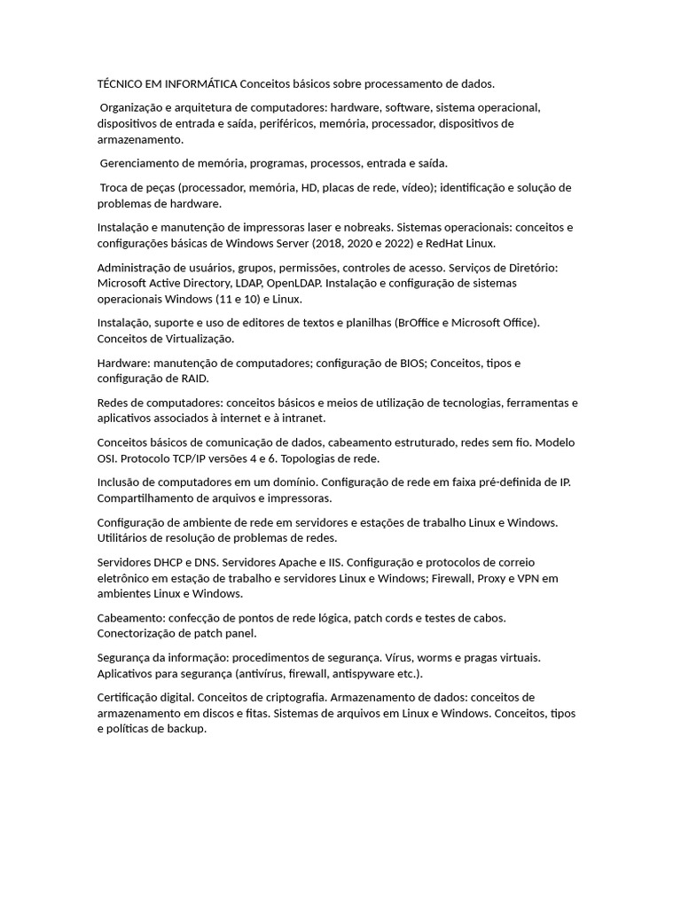 TÉCNICO EM INFORMÁTICA Conceitos Básicos Sobre Processamento de Dados ...