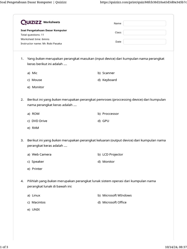 Soal Pengetahuan Dasar Komputer - Quizizz | PDF | Komputer