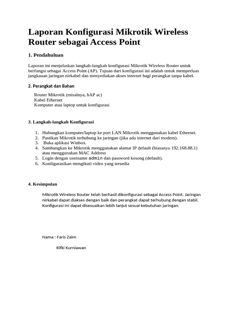 Laporan Konfigurasi Mikrotik Wireless Router Sebagai Access Point | PDF