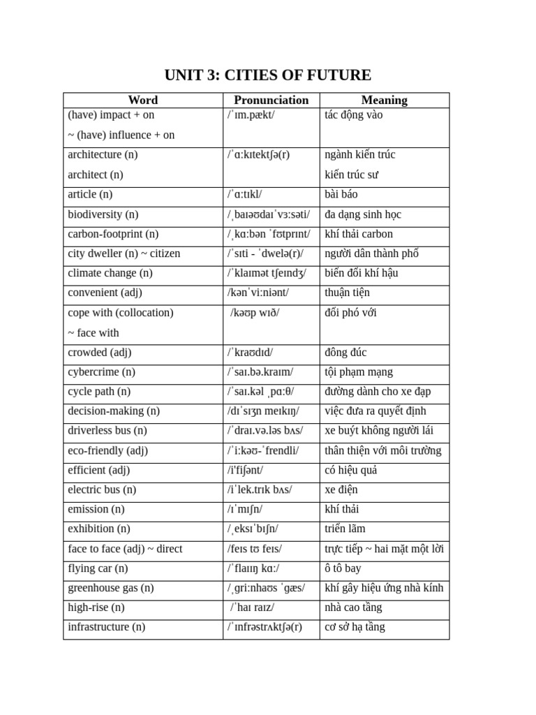 Vocabulary Unit 3 Cities of Future | PDF