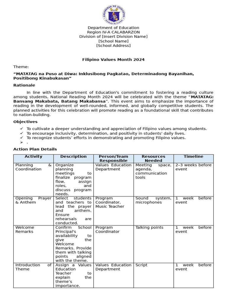 Action Plan Proposal - Filipino Values Month 2024 | PDF