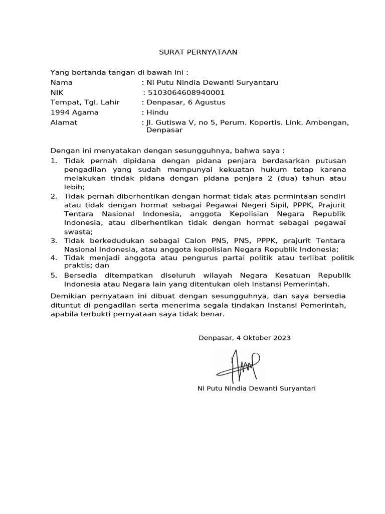 Surat Pernyataan | PDF | Hukum | Pengembangan Diri