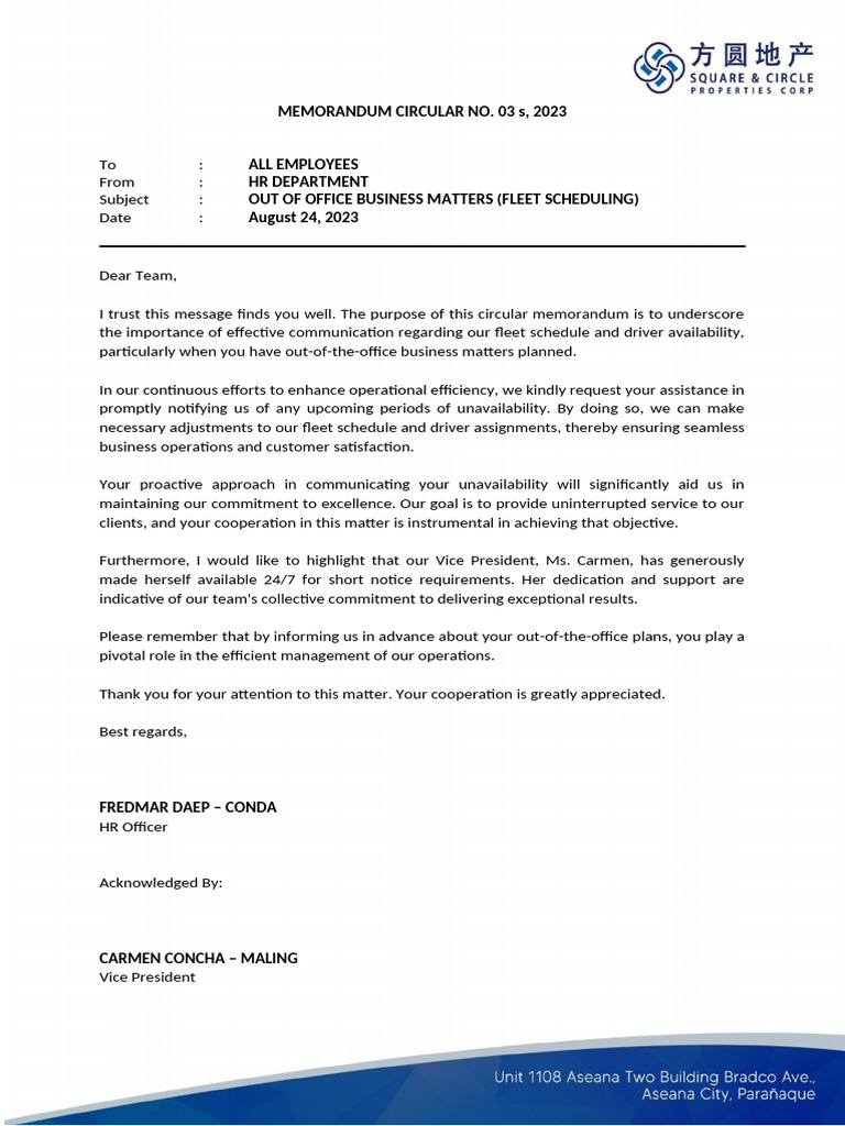 CIR - Memo - 03 S. 2023 - OB Scheduling | PDF | Career & Growth | Business