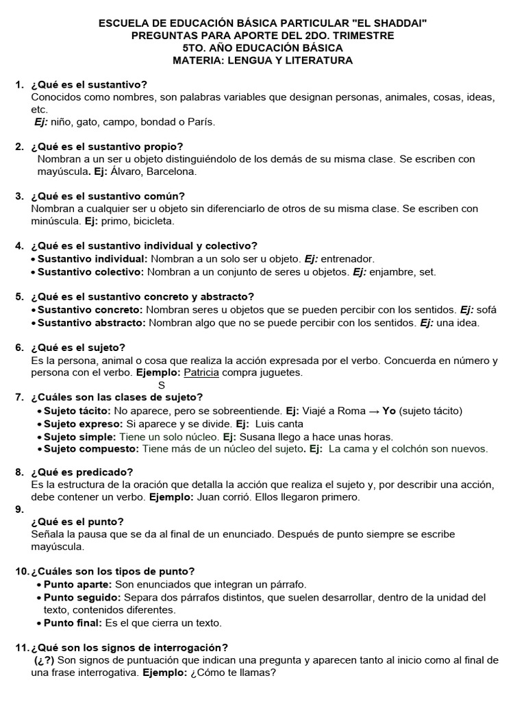 Preguntas de Lengua 5to Grado | PDF | Sustantivo | Rima