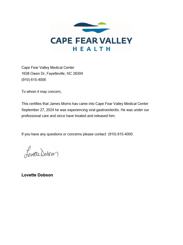Cape Fear Valley Doctors Note Template | PDF | Wellness